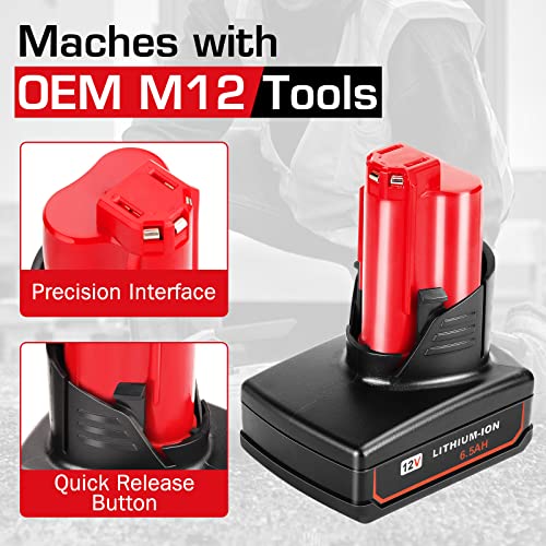 Touyeet 2 Pack 6.5 Ah 12V Lithium Battery Replacement for Milwaukee M12 12V Tools Battery, Compatible with 48-11-2401 48-11-2411 48-11-2420 48-11-2440 48-11-2410 Cordless Tools 12 Volt Battery