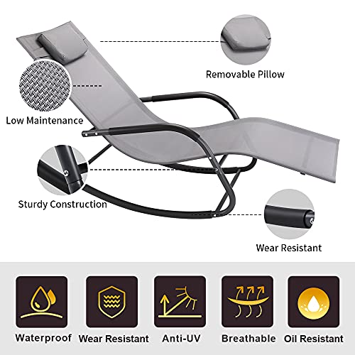 Wostore Rocking Lounger Patio Chaise Sunbathing Chair with Recliner Movable Sleep Bed Included Pillow and Breathable Texteline Farbic-Grey