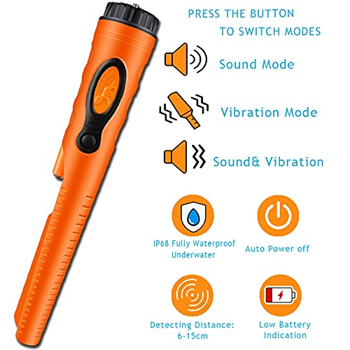 Fully Waterproof Pinpoint Metal Detector Pinpointer - 360° Search Pinpointing Finder Probe Treasure Hunting Tool Accessories for Adults and Kids (Three Mode) 2023 Hs08 Orange