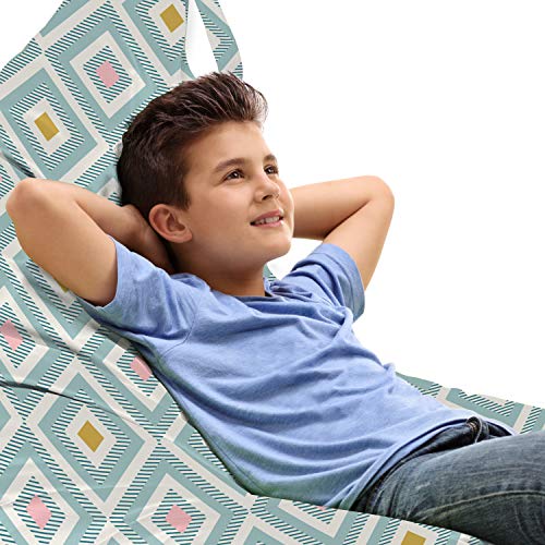 Lunarable Geometric Lounger Chair Bag, Intricate Squares Along Horizontal Stripes Mint and Coral Tones, High Capacity Storage with Handle Container, Lounger Size, Pale Seafoam and Multicolor