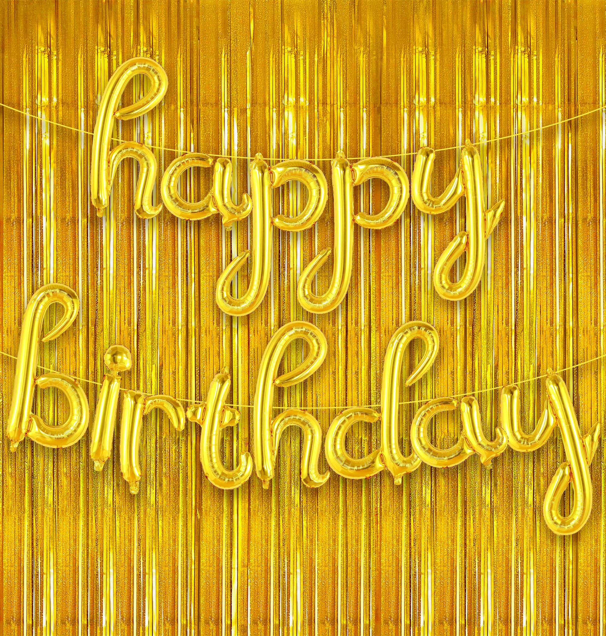 KatchOn, Iridescent Gold Fringe Curtain with Happy Birthday Balloon Banner - Pack of 3 | Happy Birthday Letter Balloons for Gold Birthday Decorations, Gold Streamers Party Decor | Gold Foil Curtains