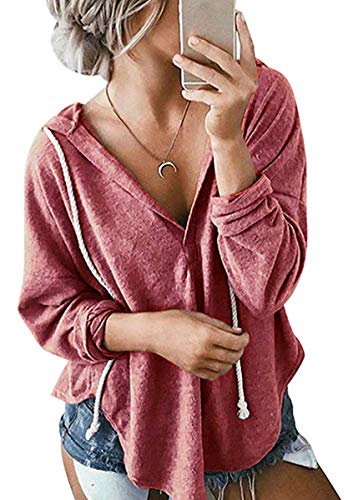 RANLUP Womens V Neck Long Sleeve Casual Loose Tshirts Plain Drawstring Sweatshirts Hoodies Tops Blouses Pink Red