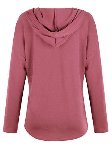RANLUP Womens V Neck Long Sleeve Casual Loose Tshirts Plain Drawstring Sweatshirts Hoodies Tops Blouses Pink Red