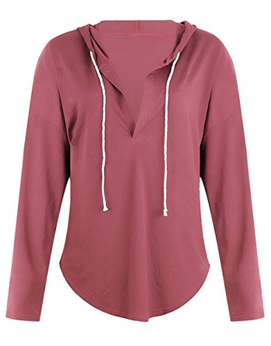 RANLUP Womens V Neck Long Sleeve Casual Loose Tshirts Plain Drawstring Sweatshirts Hoodies Tops Blouses Pink Red