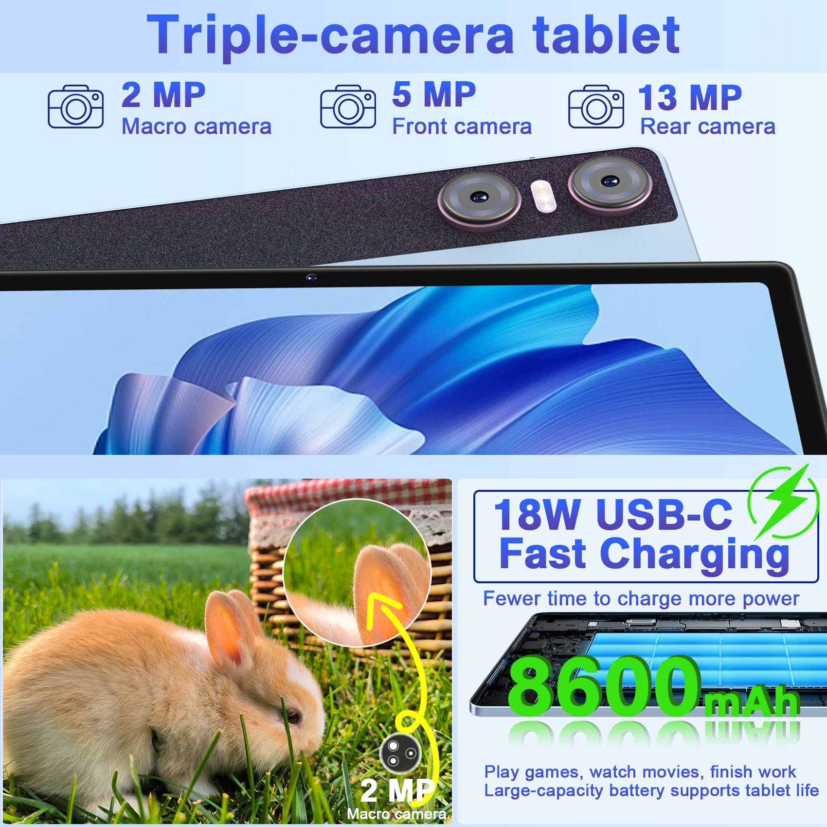 YESTEL Android 13 Tablet 11 Inch Display,16GB RAM+256GB ROM,Octa-Core Processor,8600mAh Large Battery,2000 * 1200 Pixels,GPS/ 5G WiFi/Bluetooth/with Case-Blue T15