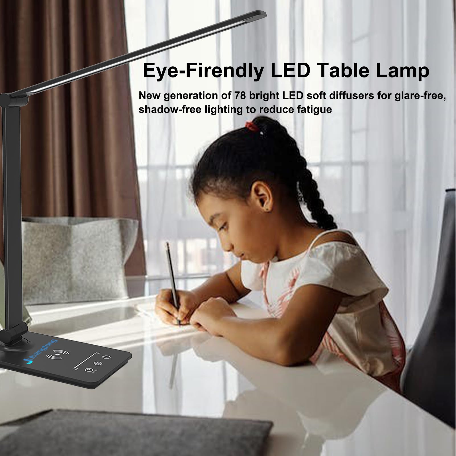 Jubangtong LED Desk Lamp with Wireless Charger,Phone Charging Lamp, Soft Reading Lamp, Fully Dimmable & Touch Console Table Lamp, Auto Timer,for Home Office & College Dorm Room