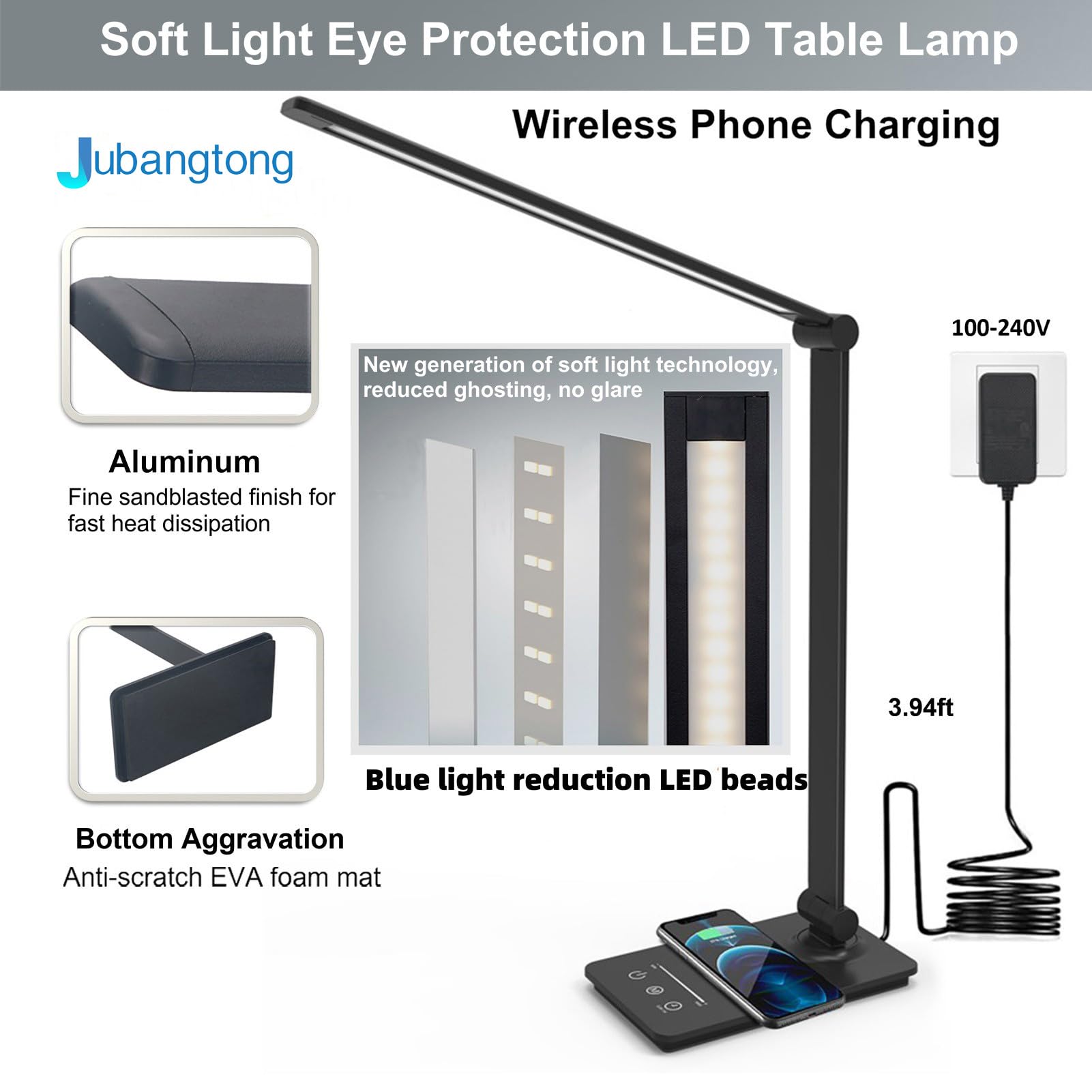 Jubangtong LED Desk Lamp with Wireless Charger,Phone Charging Lamp, Soft Reading Lamp, Fully Dimmable & Touch Console Table Lamp, Auto Timer,for Home Office & College Dorm Room