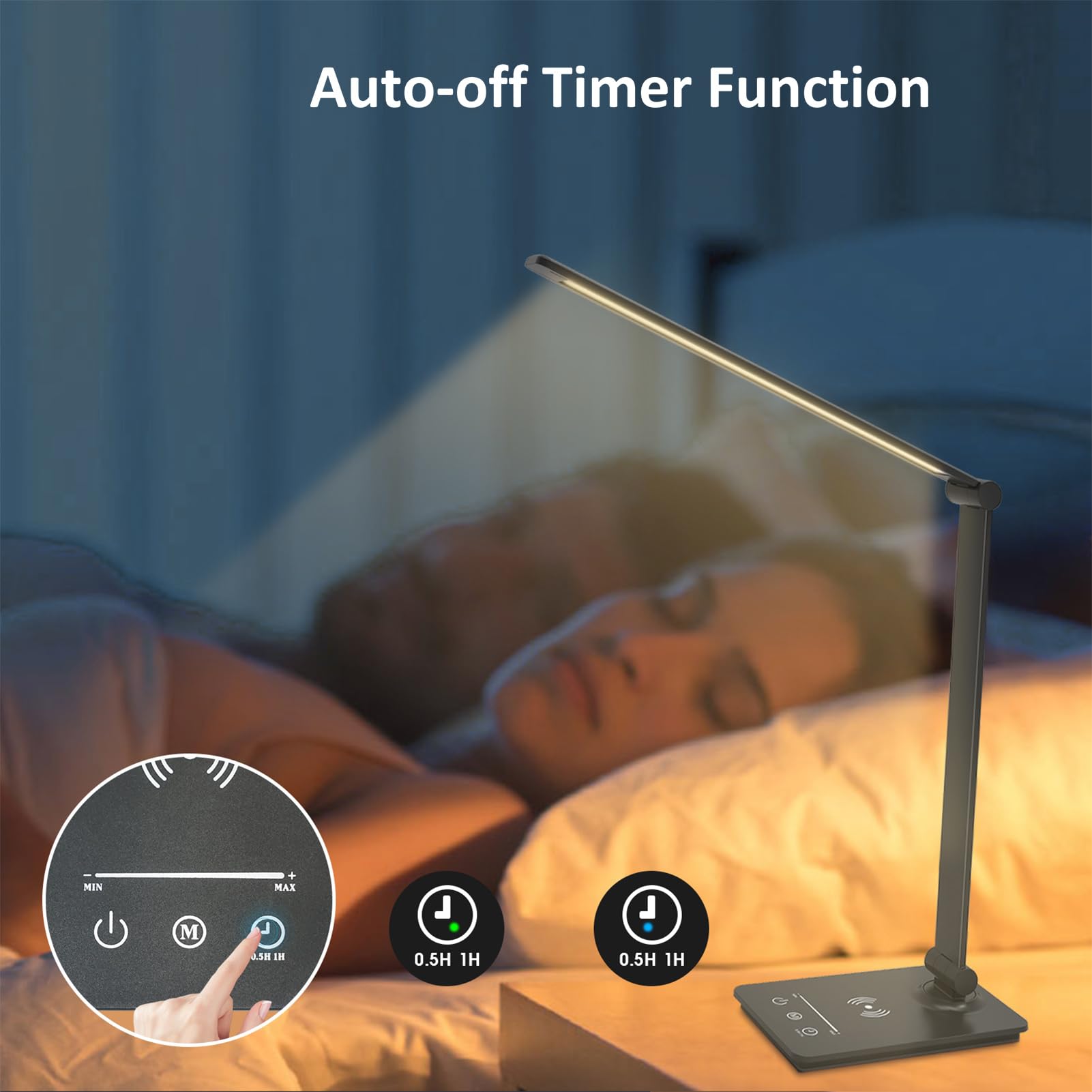 Jubangtong LED Desk Lamp with Wireless Charger,Phone Charging Lamp, Soft Reading Lamp, Fully Dimmable & Touch Console Table Lamp, Auto Timer,for Home Office & College Dorm Room