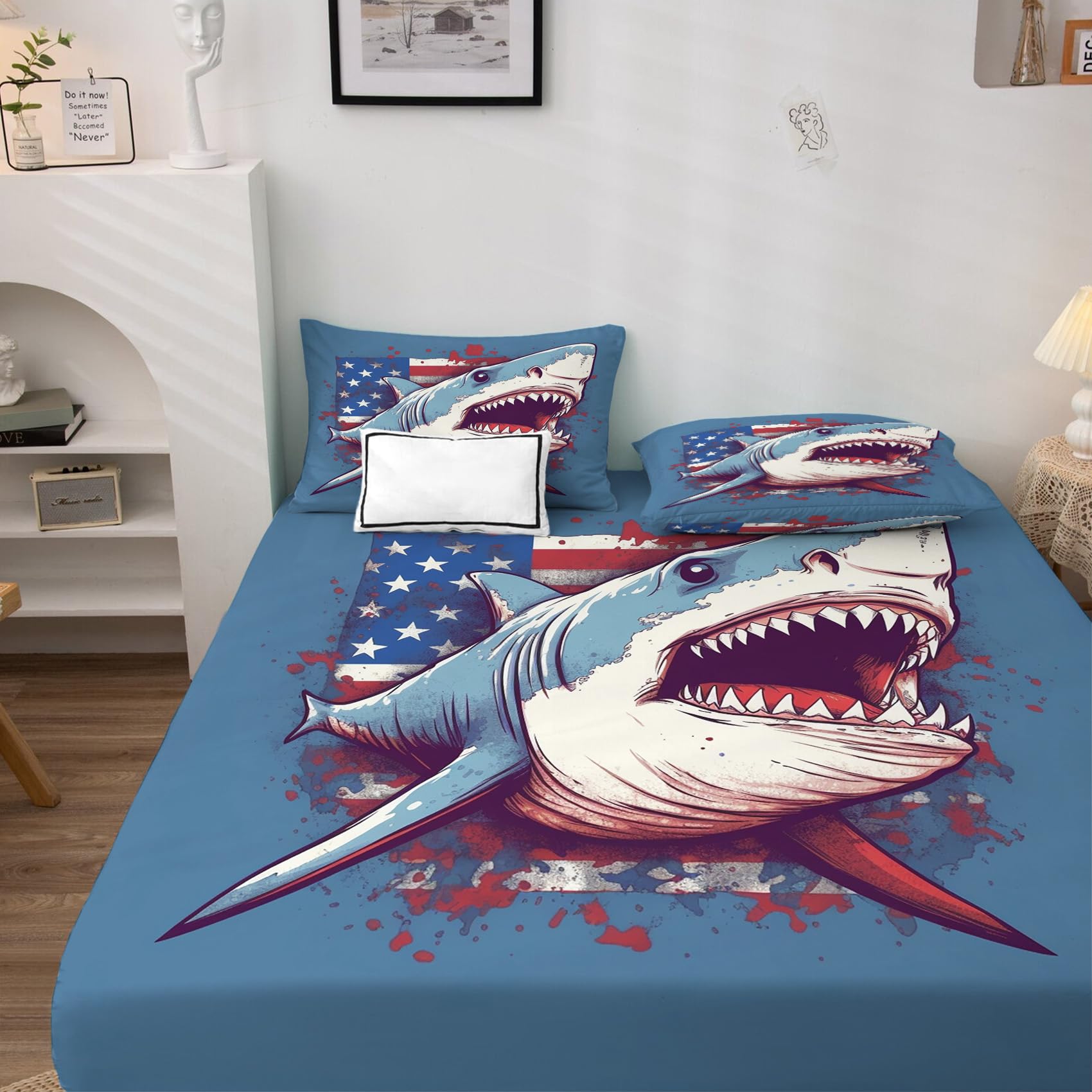 Shark Sheets Full Size, American Flag Bed Sheets, Patterned Bedding Sheets & Pillowcases 4 Piece Set - Soft Microfiber Deep Pocket Fitted Sheet & Flat Sheet & 2 Pillow Cases L8-&-191
