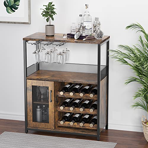 IDEALHOUSE 3-Tier Wine Bar Cabinet with Detachable Wine Rack and Drawer, Industrial Sideboard and Buffet Cabinet with Glass Holder and Mesh Door, Rustic Brown