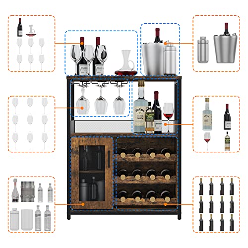 IDEALHOUSE 3-Tier Wine Bar Cabinet with Detachable Wine Rack and Drawer, Industrial Sideboard and Buffet Cabinet with Glass Holder and Mesh Door, Rustic Brown