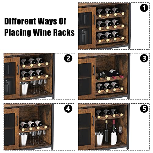 IDEALHOUSE 3-Tier Wine Bar Cabinet with Detachable Wine Rack and Drawer, Industrial Sideboard and Buffet Cabinet with Glass Holder and Mesh Door, Rustic Brown