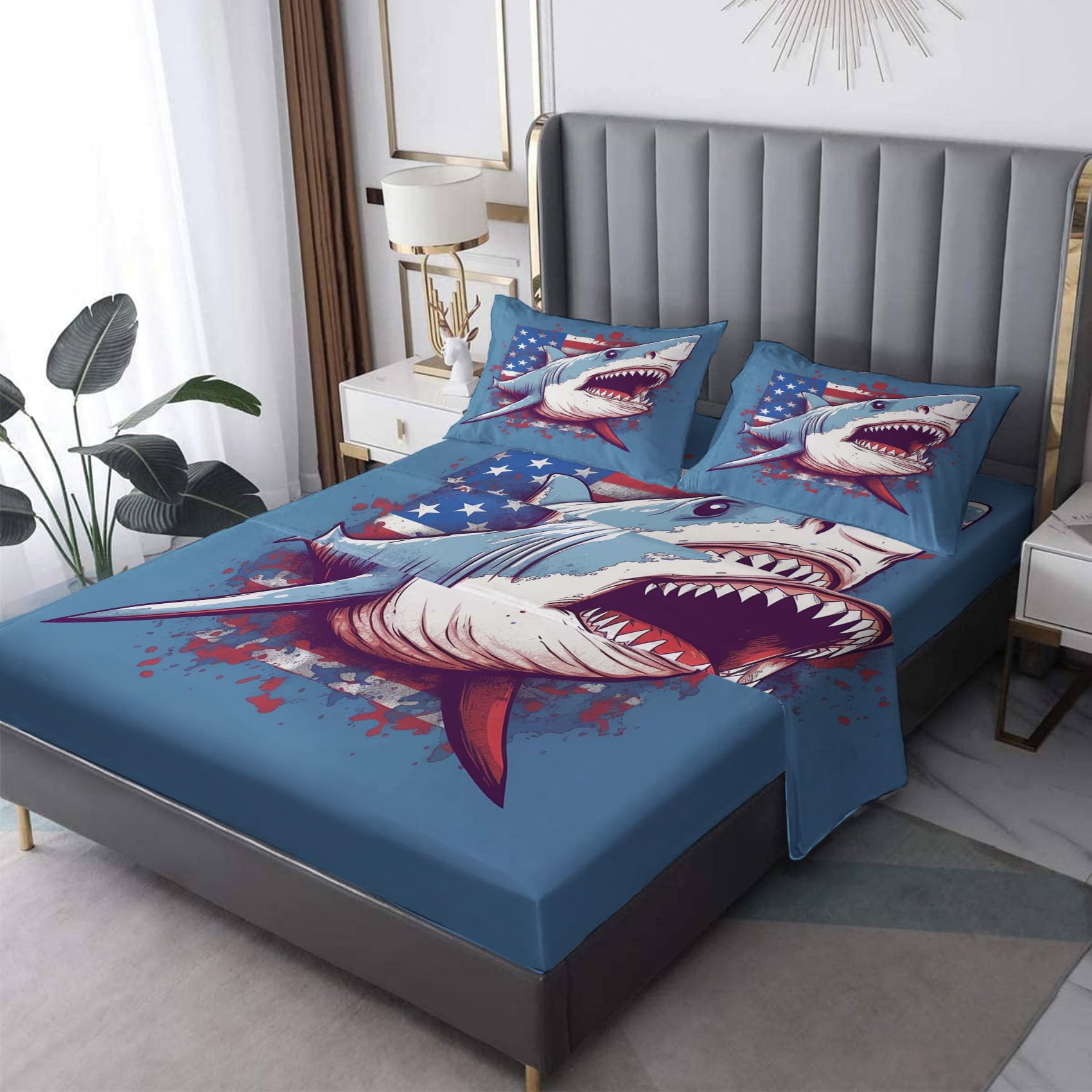 Shark Sheets Full Size, American Flag Bed Sheets, Patterned Bedding Sheets & Pillowcases 4 Piece Set - Soft Microfiber Deep Pocket Fitted Sheet & Flat Sheet & 2 Pillow Cases L8-&-191