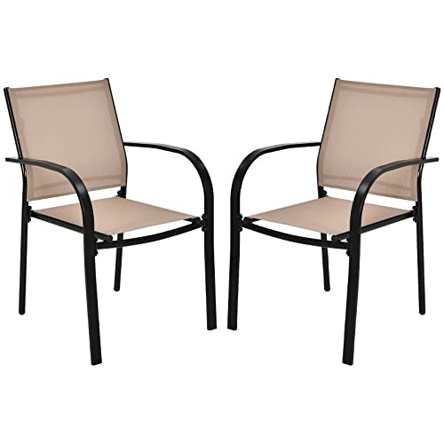 Tangkula Set of 2 Patio Dining Chairs, Outdoor Stackable Chairs with Armrests, Anti-Rust Steel Frame and Quick-Drying Fabric, Outdoor Bistro Chairs for Backyard, Lawn and Garden