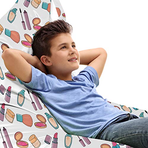 Ambesonne Colorful Lounger Chair Bag, Hand Drawn Numerous Hand Care Mascara Nail Makeup Cosmetic Products Print, High Capacity Storage with Handle Container, Lounger Size, White Multicolor