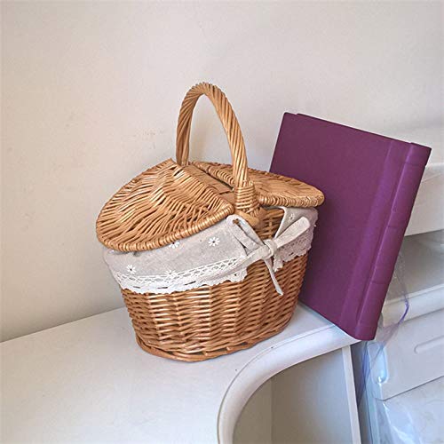 JFBUCF Willow Basket Picnic Basket, Traditional Picnic Hamper with Handle and Double Lids Small Handmade Woven Eggs Candy Basket Flower Basket Rattan Storage, 10x7.7x5.5 inch