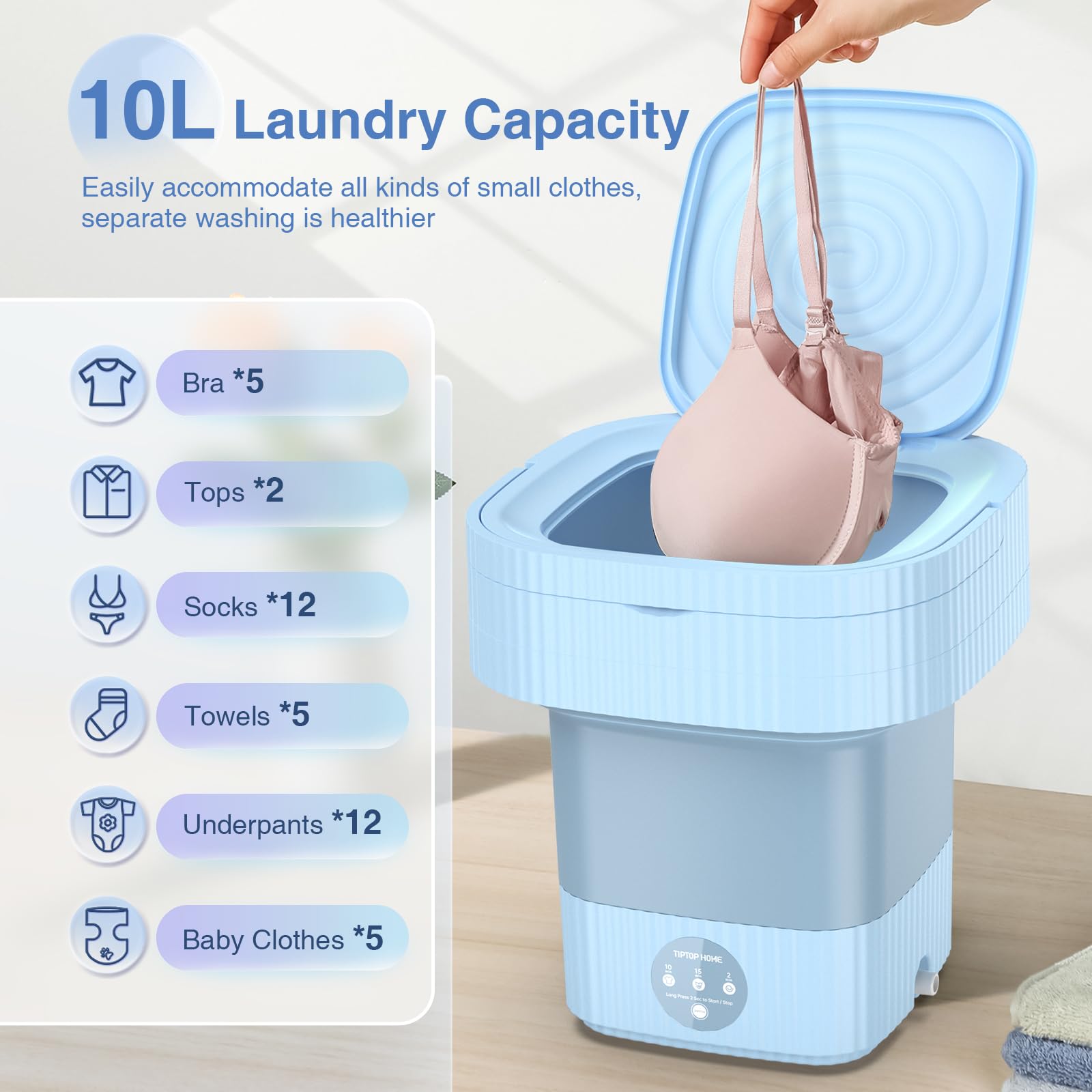 Foldable Washing Machine, 10L Large Capacity Portable Washer with High Speed Motor, 3 Modes Deep Cleaning Baby Clothes Underwears Socks Suitable for RV Travel Camping Apartment Dormitory