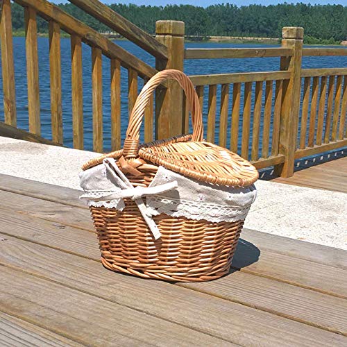 JFBUCF Willow Basket Picnic Basket, Traditional Picnic Hamper with Handle and Double Lids Small Handmade Woven Eggs Candy Basket Flower Basket Rattan Storage, 10x7.7x5.5 inch