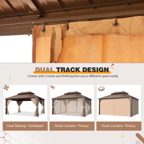 EROMMY 10'x13' Hardtop Gazebo Double Roof Galvanized Steel Canopy Outdoor Aluminum Frame Permanent Metal Pavilion with Netting and Curtains for Patio Backyard Deck and Lawns