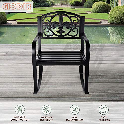 GIODIR Outdoor Patio Rocking Chair, Metal Rocking seat for for Deck, Backyard or Garden w/Scroll Design (Black)…
