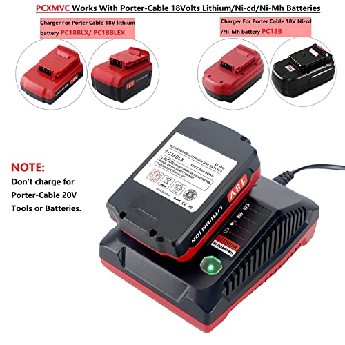 18-Volt Multi-Chemistry Battery Charger for Porter Cable PCXMVC Lithium Ion & NiCad NiMh Slide PC18B PC18B-2 PC18BL PC18BLX PCC489N Cordless Power Tool Battery