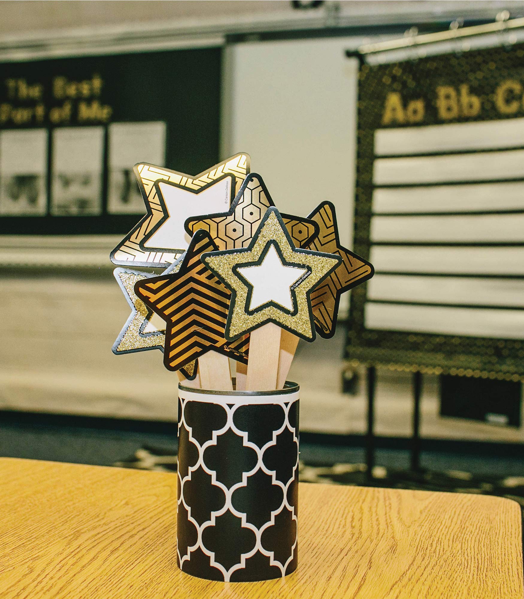 Carson Dellosa Stars Cutouts, 36 Black & Gold Star Cutouts for Bulletin Board and Classroom Décor, Space Décor and Galaxy Décor Classroom Cut-Outs, Black and Gold Star Décor