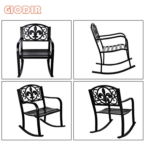 GIODIR Outdoor Patio Rocking Chair, Metal Rocking seat for for Deck, Backyard or Garden w/Scroll Design (Black)…
