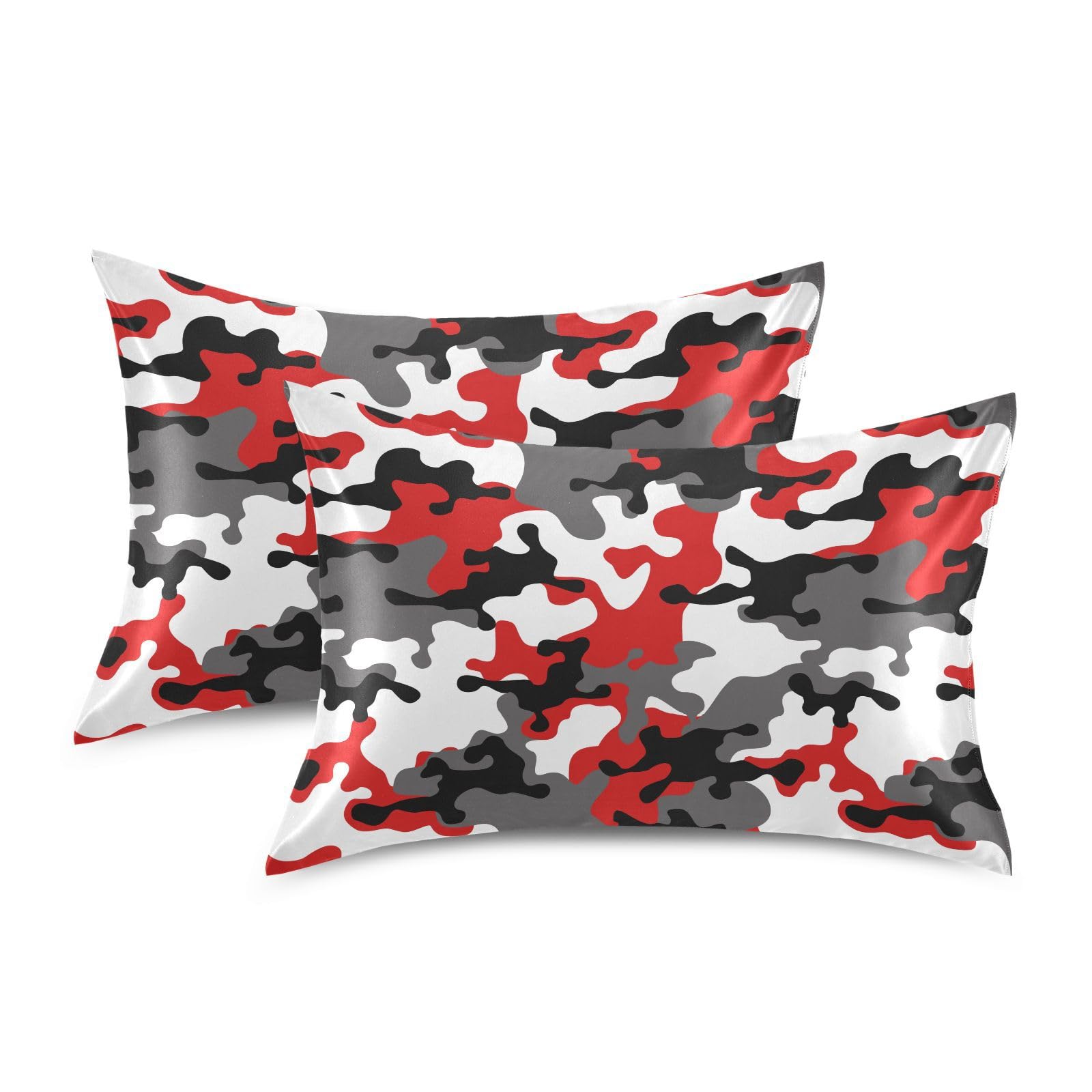 Red Grey Camouflage Pillow Covers Silk Pillowcase for Hair and Skin Soft Smooth Breathable Cooling Satin Pillowcase Standard Size Pillow Case for Bedroom Bed Sleeping (20x26 Inch)