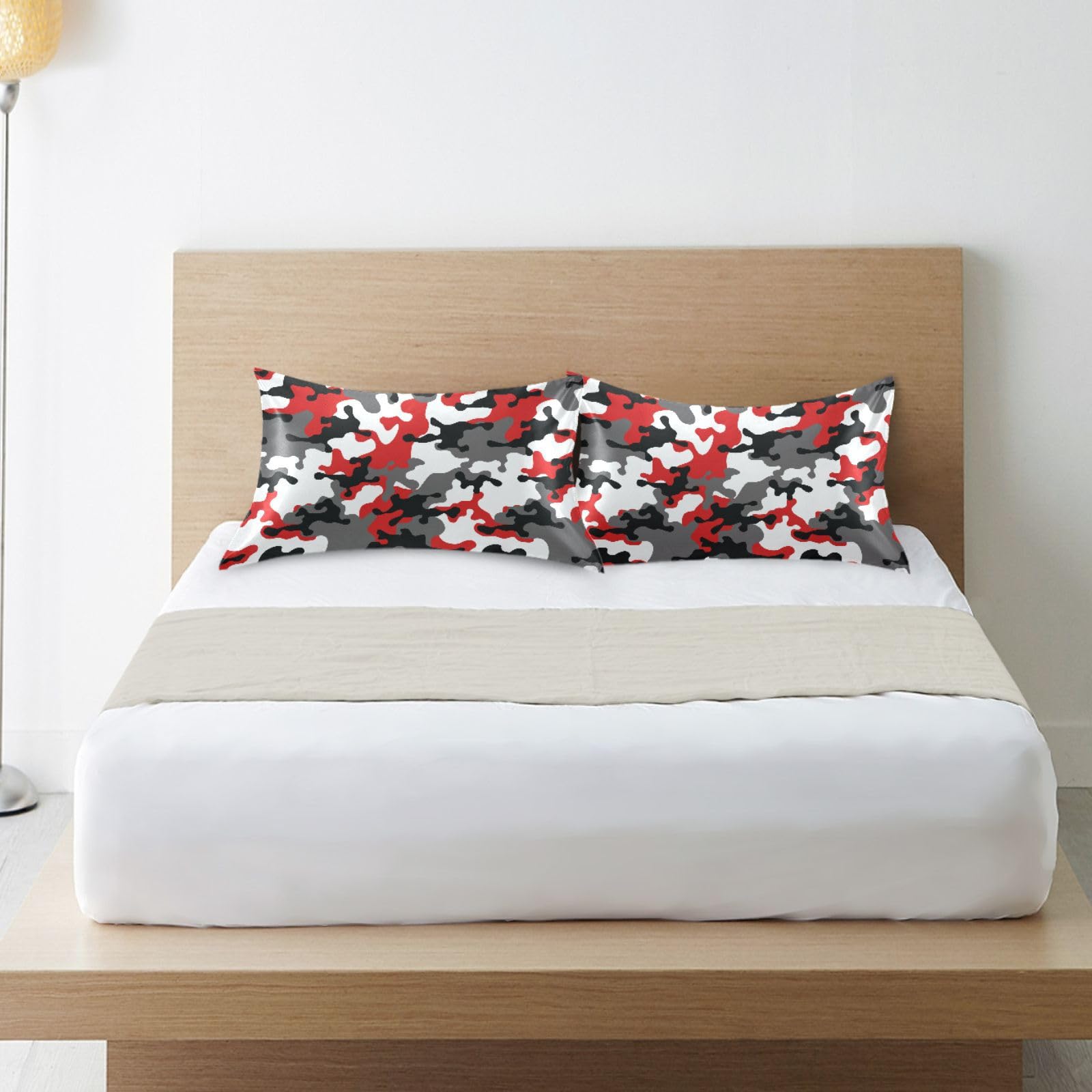 Red Grey Camouflage Pillow Covers Silk Pillowcase for Hair and Skin Soft Smooth Breathable Cooling Satin Pillowcase Standard Size Pillow Case for Bedroom Bed Sleeping (20x26 Inch)