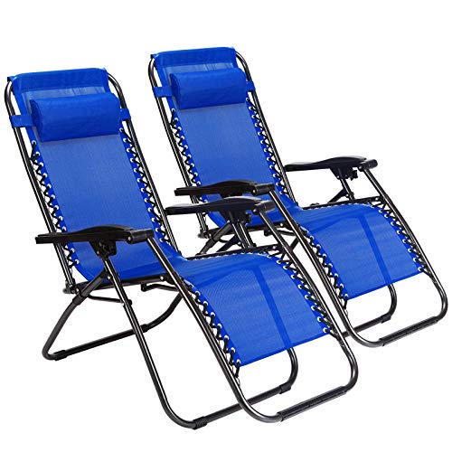 2-Pack Zero Gravity Outdoor Lounge Chairs Patio Adjustable Folding Reclining Chairs with Cup/Drink Utility Tray & Cell Phone Holder Blue
