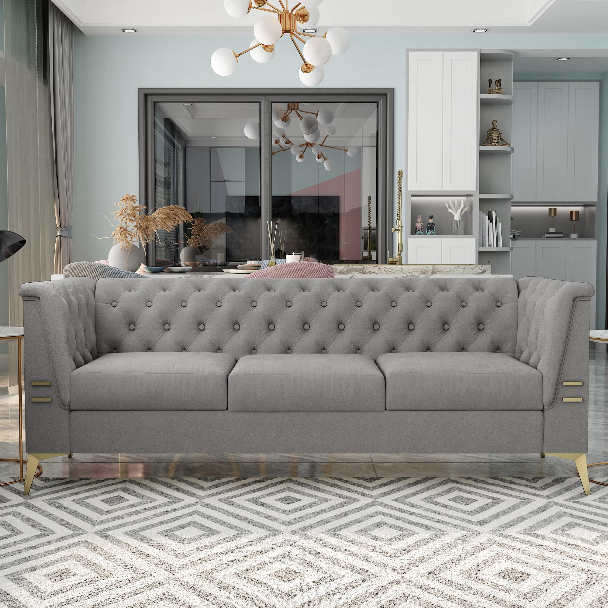 kevinplus 82.6'' Chesterfield Sofa Couch for Living Room, Classic Modern Velvet 3-Seat Upholstered Sofa Couch for Apartment Bedroom Office, Strong Gold Metal Legs, Light Grey