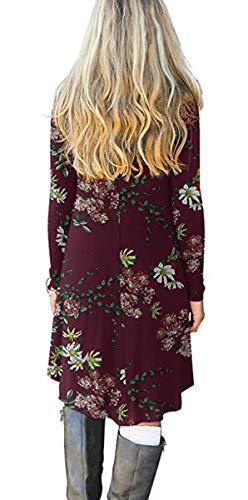 Womens V Neck Long Sleeve Casual Floral Printed Tunic Dresses Loose T-Shirt Dresses