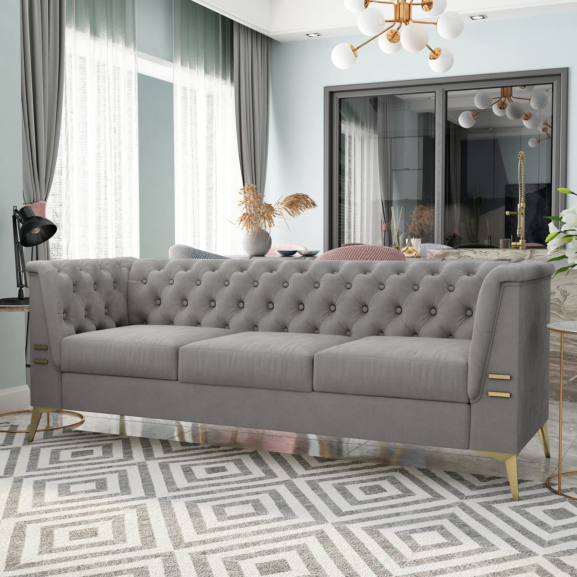 kevinplus 82.6'' Chesterfield Sofa Couch for Living Room, Classic Modern Velvet 3-Seat Upholstered Sofa Couch for Apartment Bedroom Office, Strong Gold Metal Legs, Light Grey