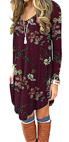Womens V Neck Long Sleeve Casual Floral Printed Tunic Dresses Loose T-Shirt Dresses