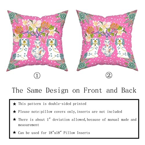 Chinoiserie Style Throw Pillow Covers 18x18 Set of 2 Dog Pillow Covers, Pink Pillow Covers Animal Cushion Cover for Couch Sofa Home Decor Cushion Covers Outdoor Decor