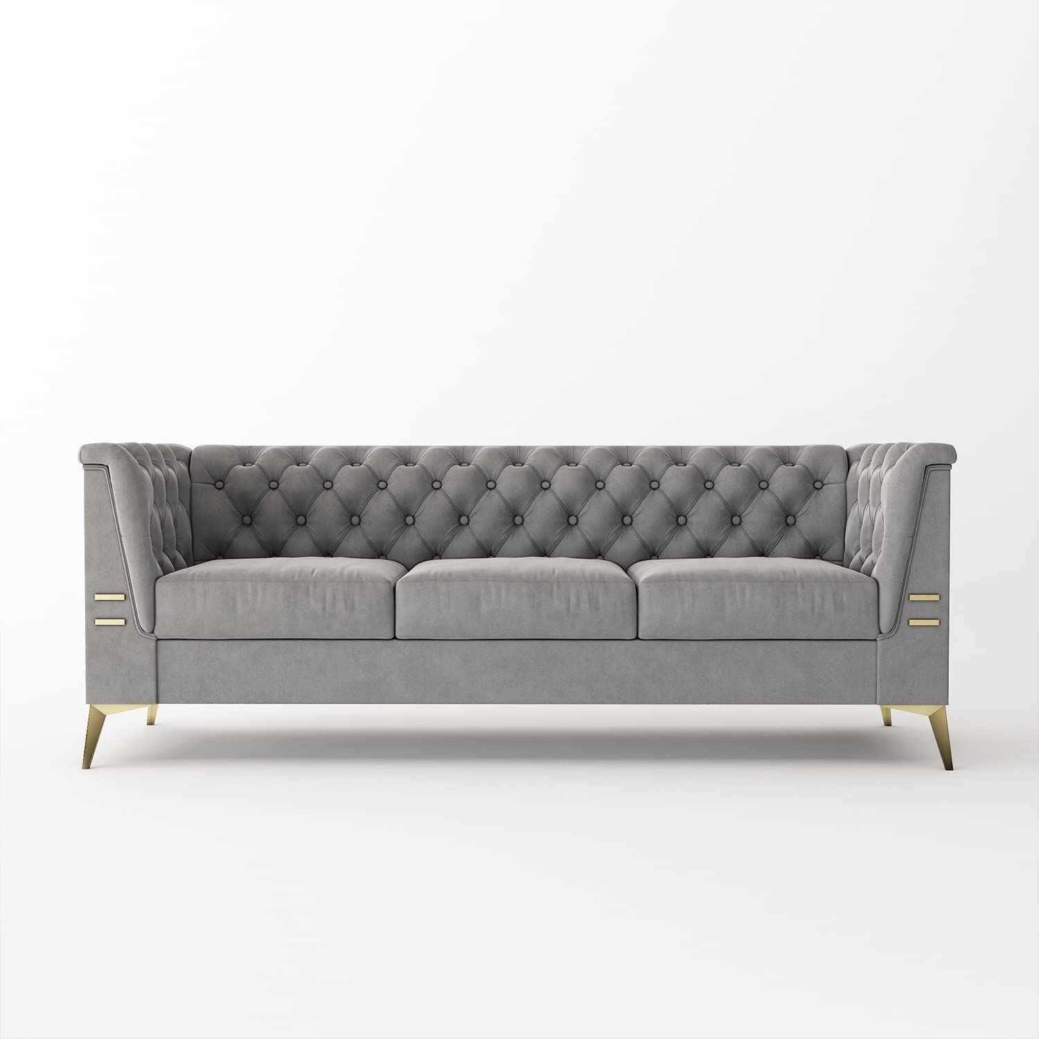 kevinplus 82.6'' Chesterfield Sofa Couch for Living Room, Classic Modern Velvet 3-Seat Upholstered Sofa Couch for Apartment Bedroom Office, Strong Gold Metal Legs, Light Grey