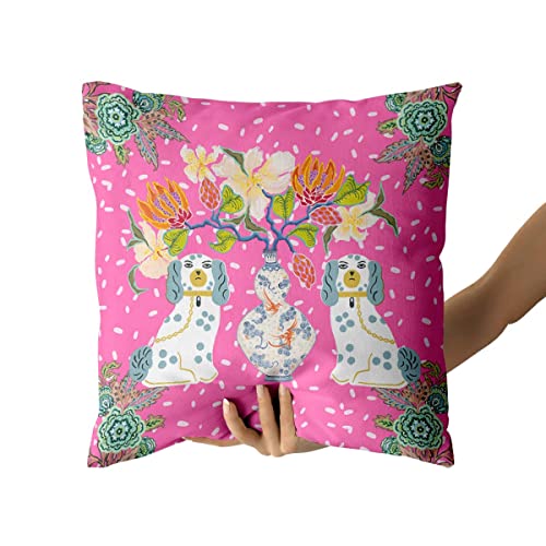 Chinoiserie Style Throw Pillow Covers 18x18 Set of 2 Dog Pillow Covers, Pink Pillow Covers Animal Cushion Cover for Couch Sofa Home Decor Cushion Covers Outdoor Decor