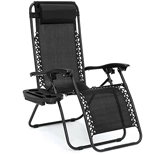 Bee Zero Gravity Chairs Patio Chairs Lawn Chairs Patio Set of 2 with Pillow and Cup Holder Patio Furniture Outdoor Adjustable Dining Reclining Folding Chairs for Deck Patio Beach Yard… (Black)