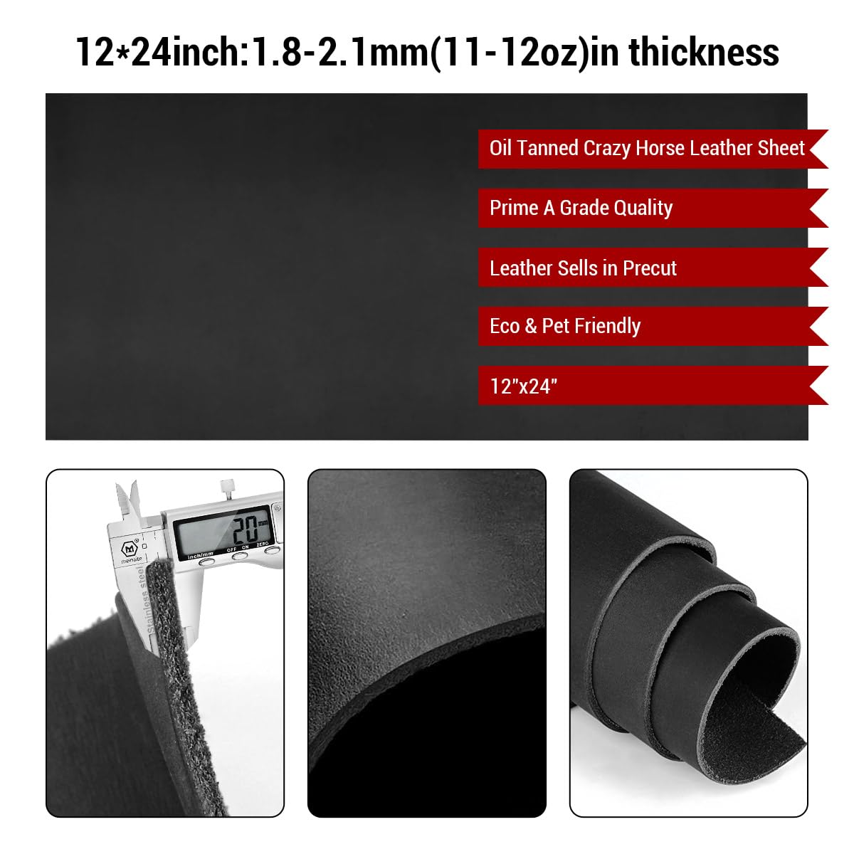 Black Full Grain Leather Sheets for Crafts, 12"x24" Genuine Tooling Leather Pieces Square Material Roll for Crafting Sewing Wallet Hobby Workshop 1.8-2.1 mm Thick
