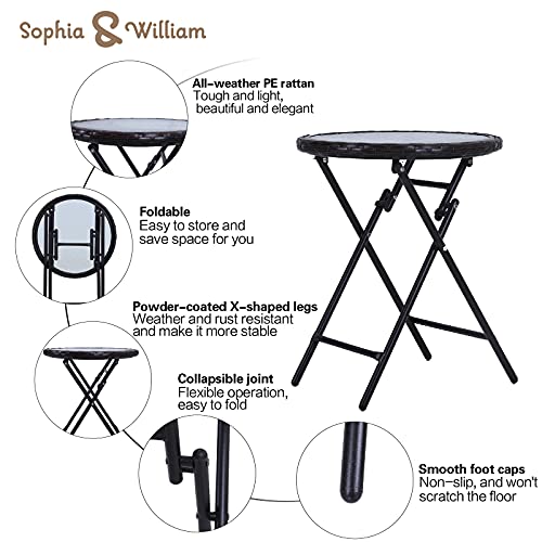Sophia & William Patio Folding Side Table Round Outdoor End Table Set of 2 Small Portable Bistro Coffee Table with Tempered Glass Top w/Rattan Edge and Metal Frame for Outdoor and Indoor