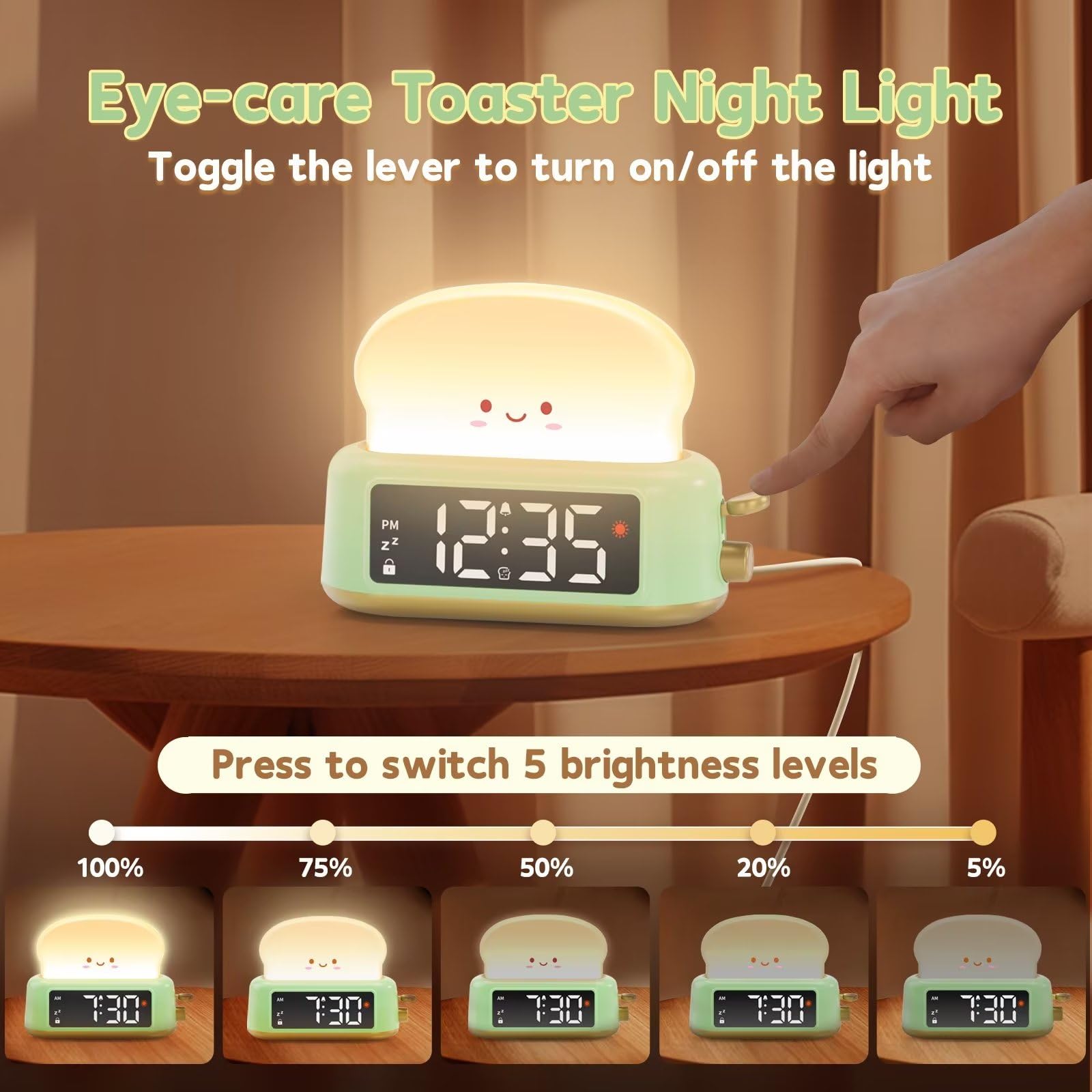Kids Alarm Clock, Digital Alarm Clock for Bedrooms, Cute Toast Night Light, Timer, Snooze, Adjustable Brightness, Small Bedside Clock for Kids Girls Boys Teens Birthday Room Decor