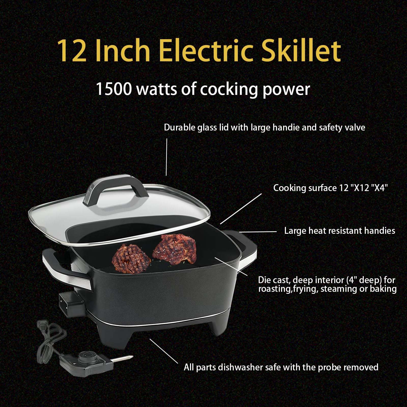 Extra Deep 4-inch Electric Skillet - 12inch Frying pan with Stay Cool Handles, Nonstick Coating, Temperature Control(Black)