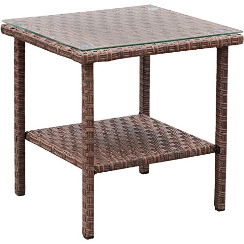 Valita Outdoor PE Wicker Side Table Glass Top Garden Poolside Small Patio Rattan Furniture Square End Table, Brown