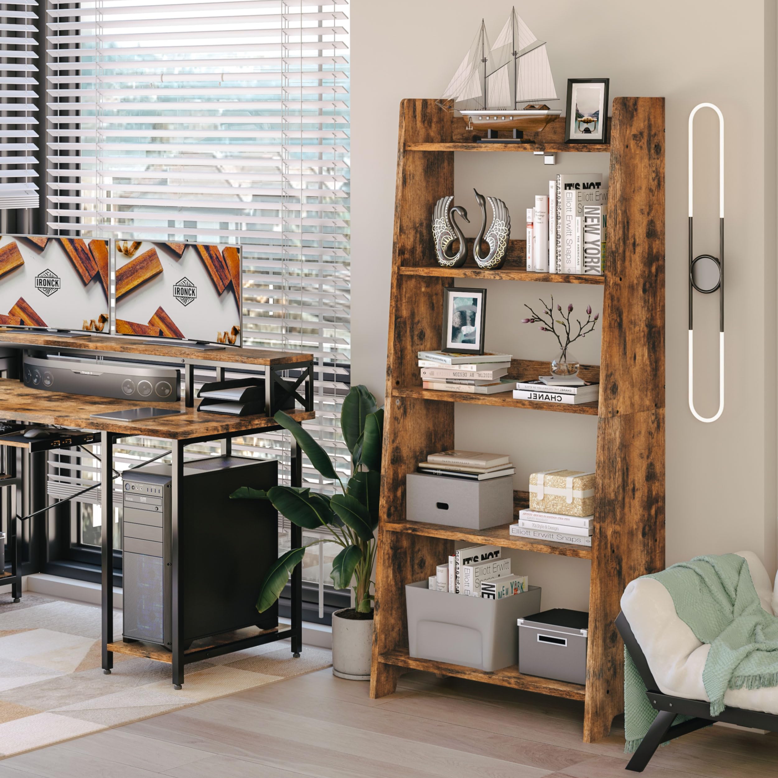 IRONCK Bookshelf and Bookcase, Industrial 5 Tier Wood Ladder Shelf, for Home Office, Living Room, Bed Room, Vintage Brown