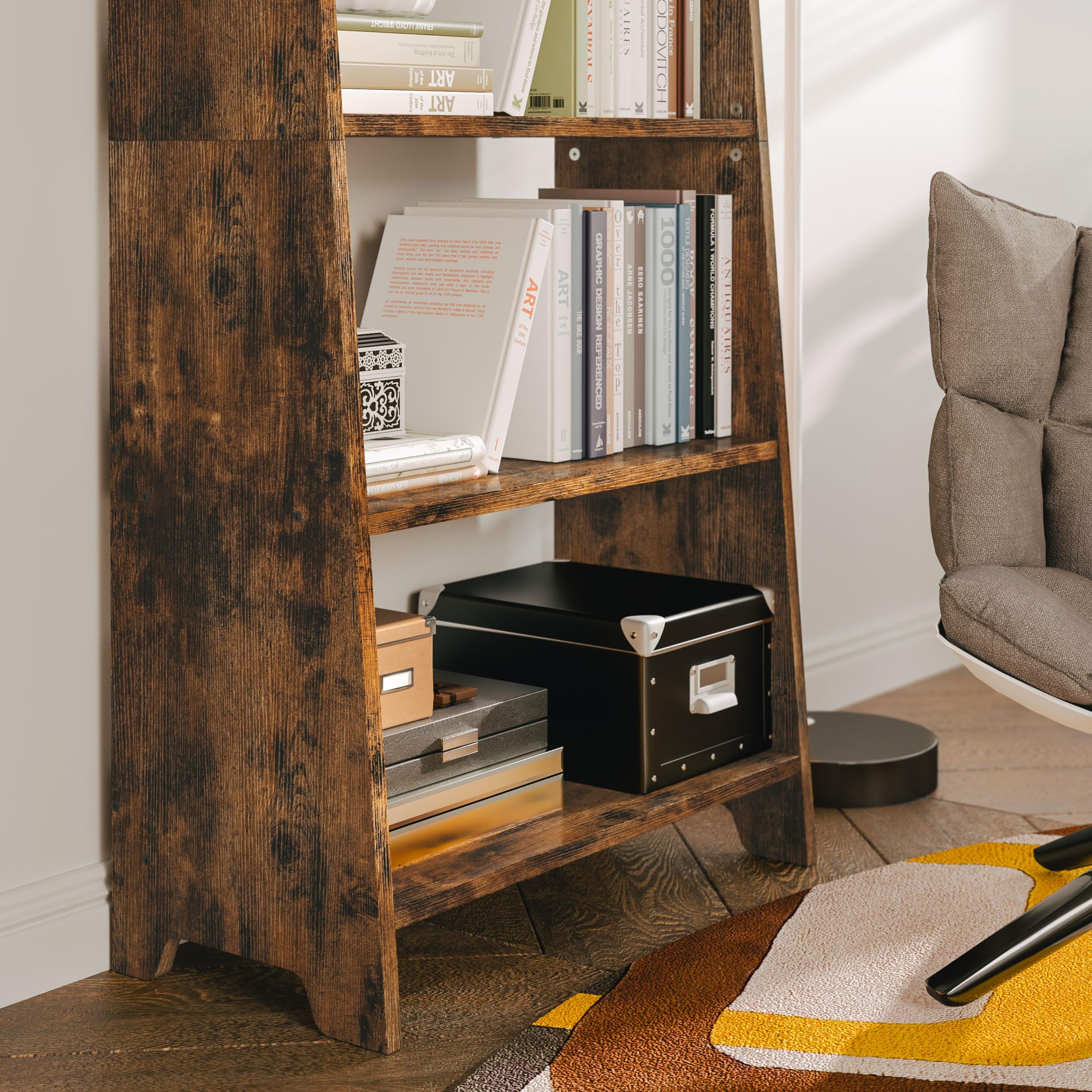 IRONCK Bookshelf and Bookcase, Industrial 5 Tier Wood Ladder Shelf, for Home Office, Living Room, Bed Room, Vintage Brown