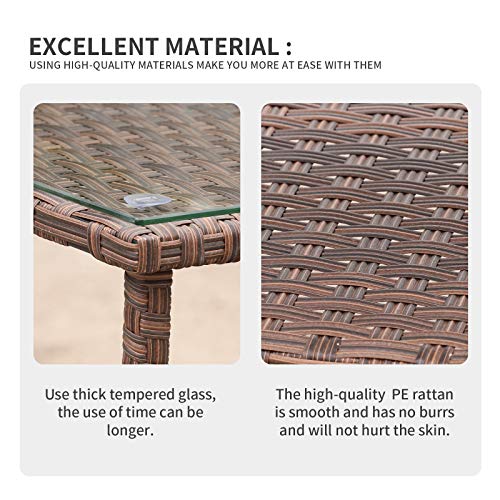 Valita Outdoor PE Wicker Side Table Glass Top Garden Poolside Small Patio Rattan Furniture Square End Table, Brown