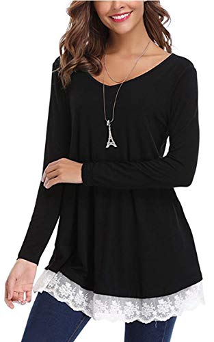 Womens Long Sleeve Swing Tops V Neck Casual Loose A Line Lace Trim Tunic Shirts Loose Blouse Black