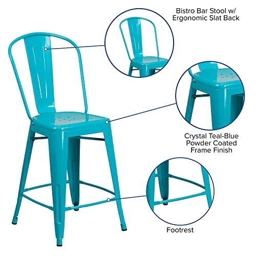Flash Furniture Commercial Grade 24" High Crystal Teal-Blue Metal Indoor-Outdoor Counter Height Stool with Back