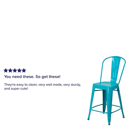Flash Furniture Commercial Grade 24" High Crystal Teal-Blue Metal Indoor-Outdoor Counter Height Stool with Back