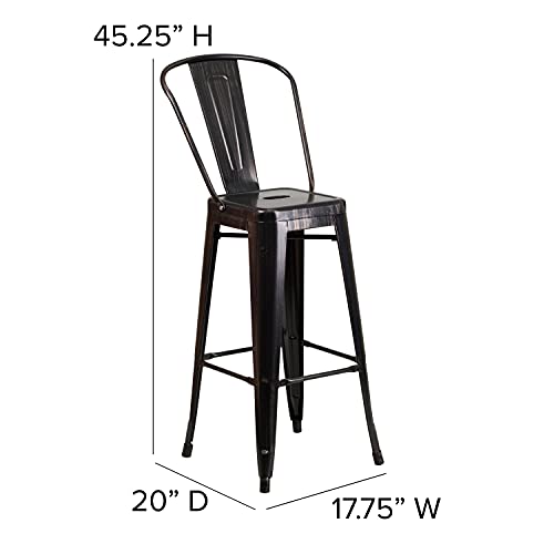 EMMA + OLIVER Commercial Grade 30" H Black-Gold Metal Indoor-Outdoor Barstool with Back